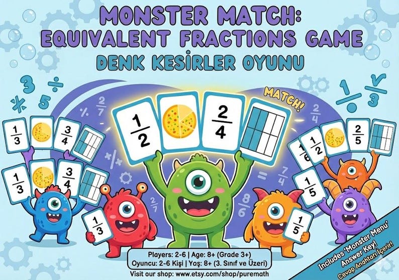 Equivalent Fractions Monster Match Game | Math Activity (PDF) - Etsy