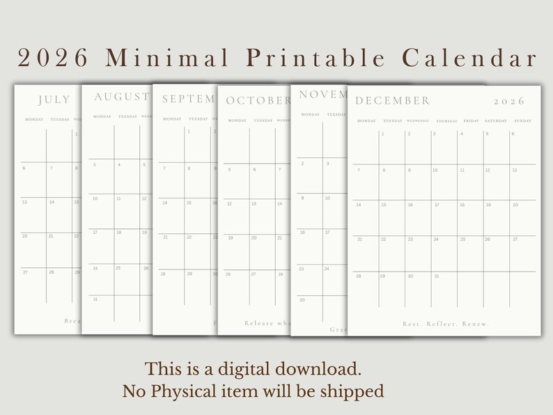 2026 Minimal Printable Calendar | Neutral Aesthetic Monthly Planner ...