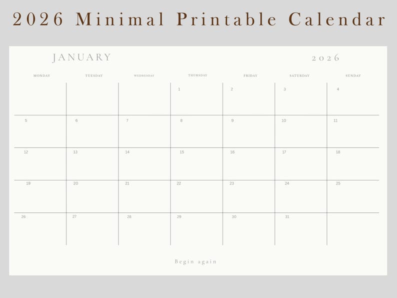 2026 Minimal Printable Calendar | Neutral Aesthetic Monthly Planner ...