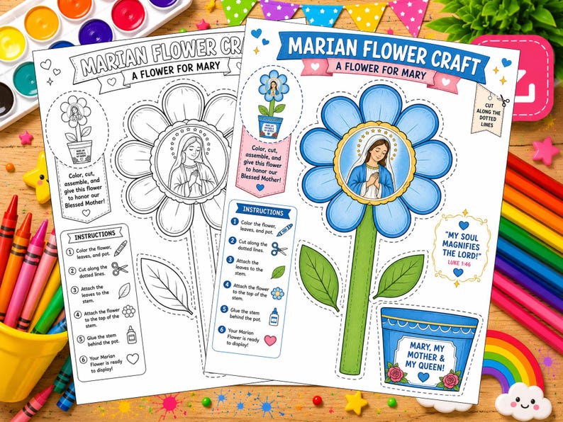 Marian Flower Craft Printable for Kids, Catholic Virgin Mary Flower ...