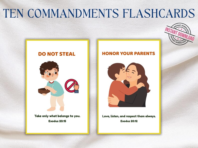 Ten Commandments Flashcards for Kids Printable, Bible Flash Cards ...