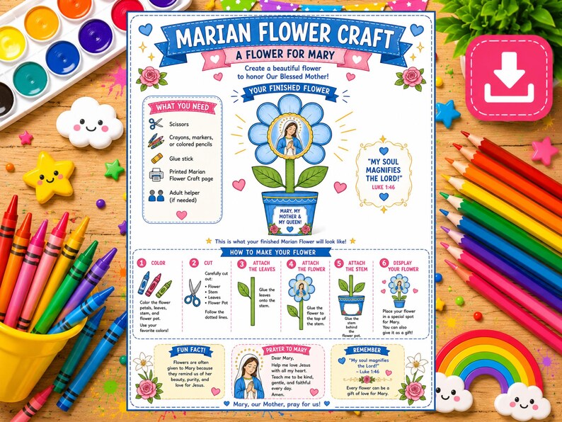 Marian Flower Craft Printable for Kids, Catholic Virgin Mary Flower ...