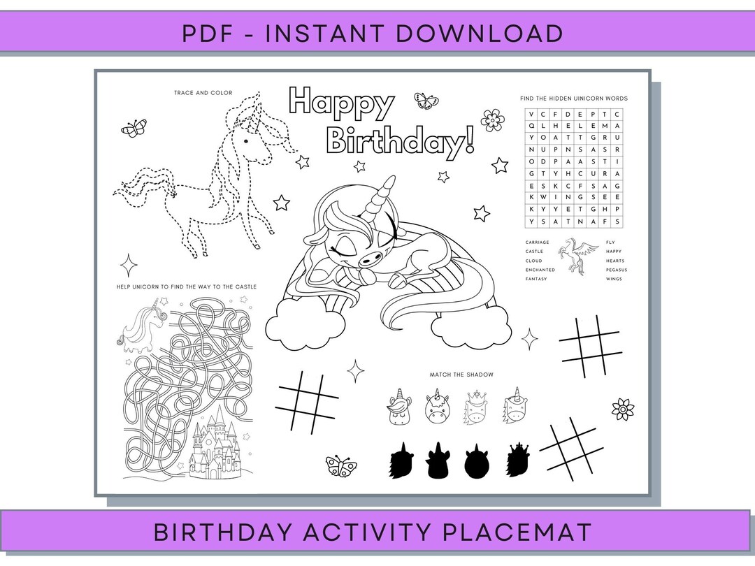 Birthday Placemat, Birthday Coloring Pages, Unicorn Birthday Placemat ...