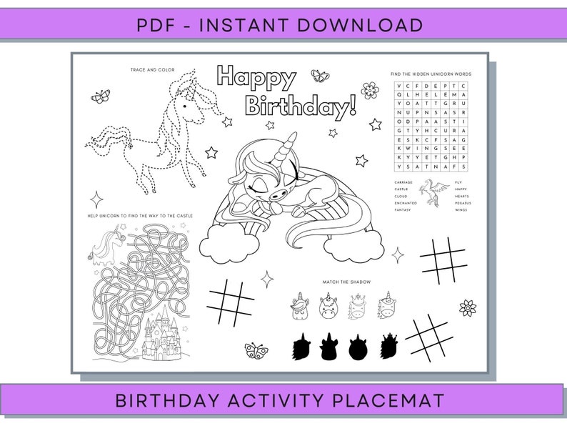 Birthday Placemat, Birthday Coloring Pages, Unicorn Birthday Placemat ...