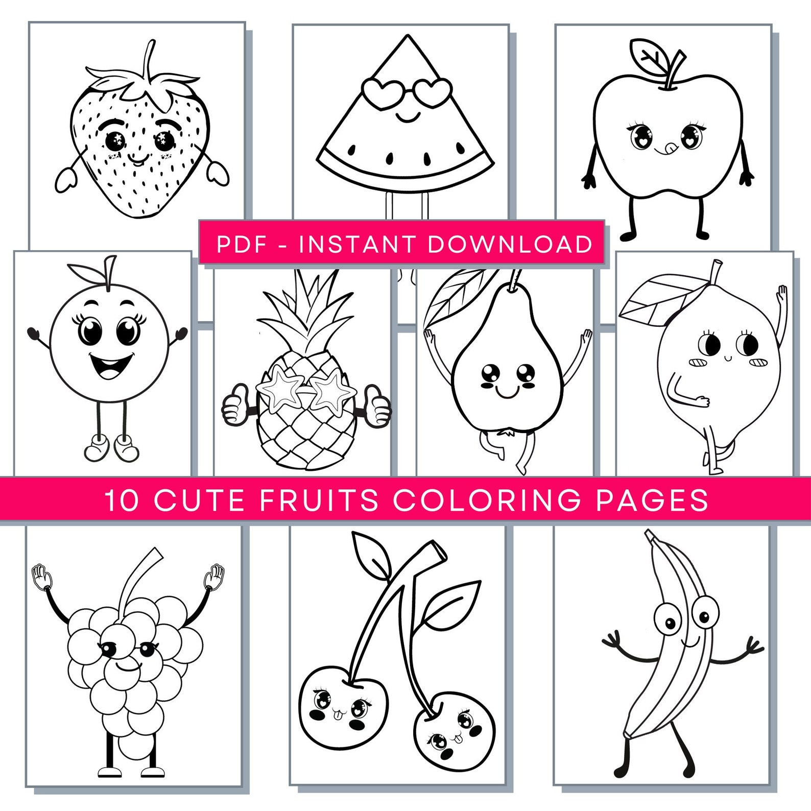 Cute Fruit Coloring Pages, Kawaii Food Printable, Funny Fruits Coloring ...