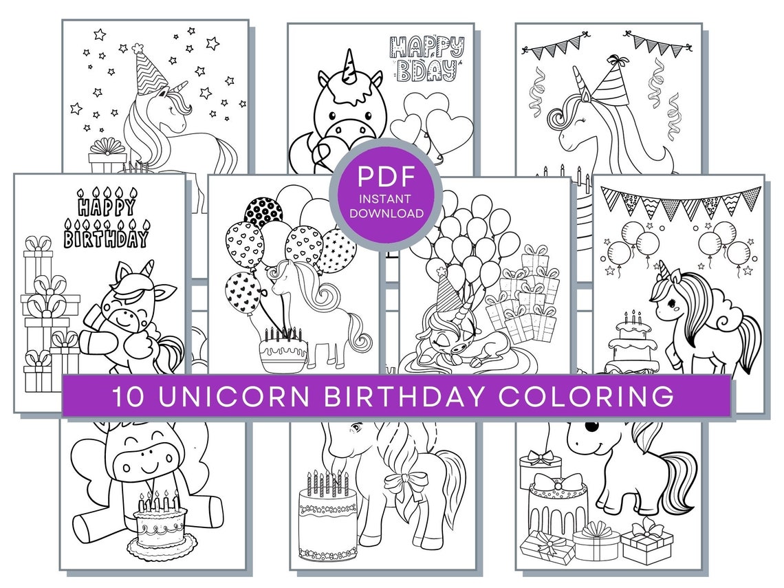 Unicorn Birthday Coloring Pages, Unicorn Birthday Printables, Unicorn ...