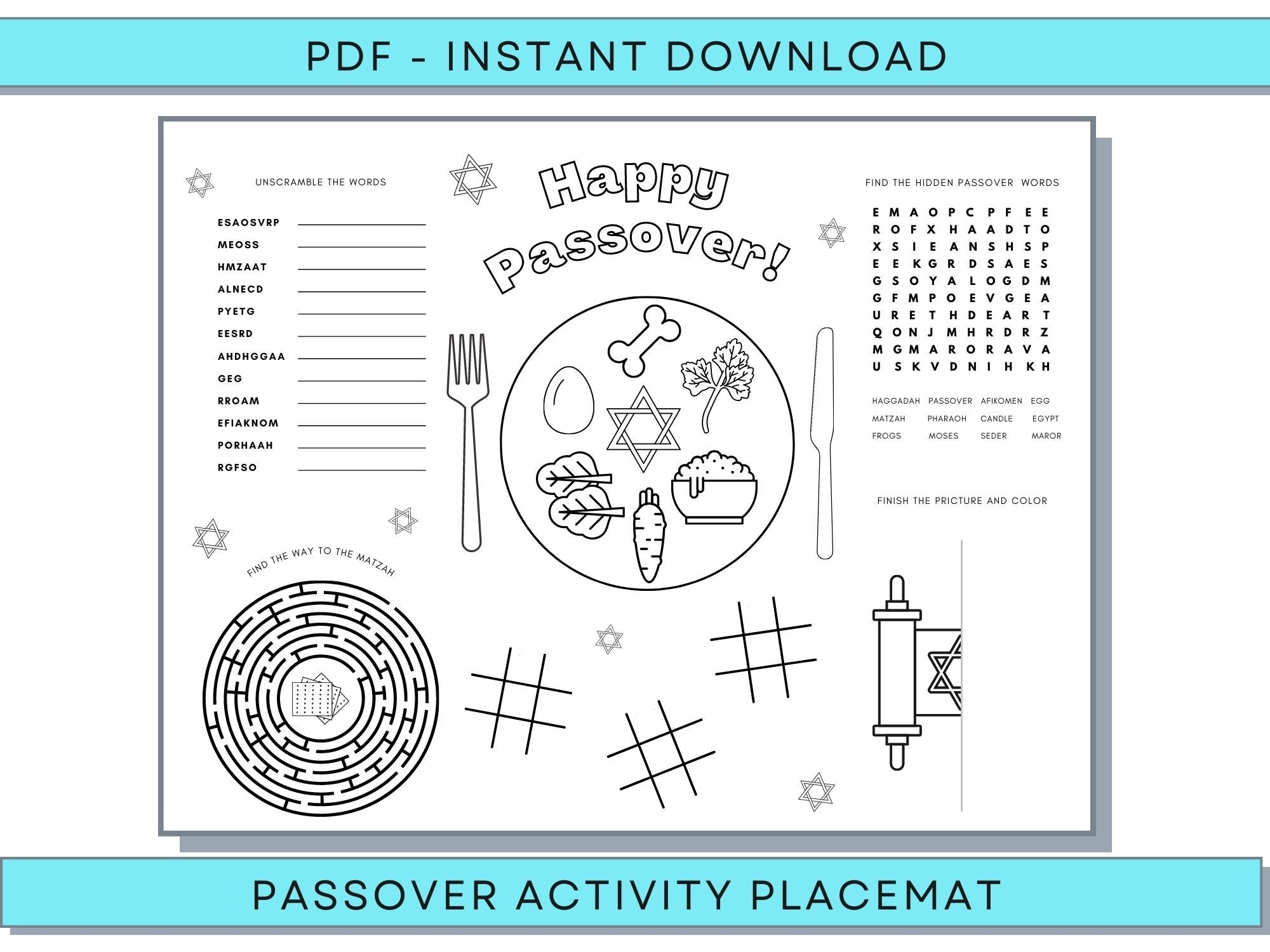 Passover Placemat, Passover Activity Placemat, Passover Coloring ...