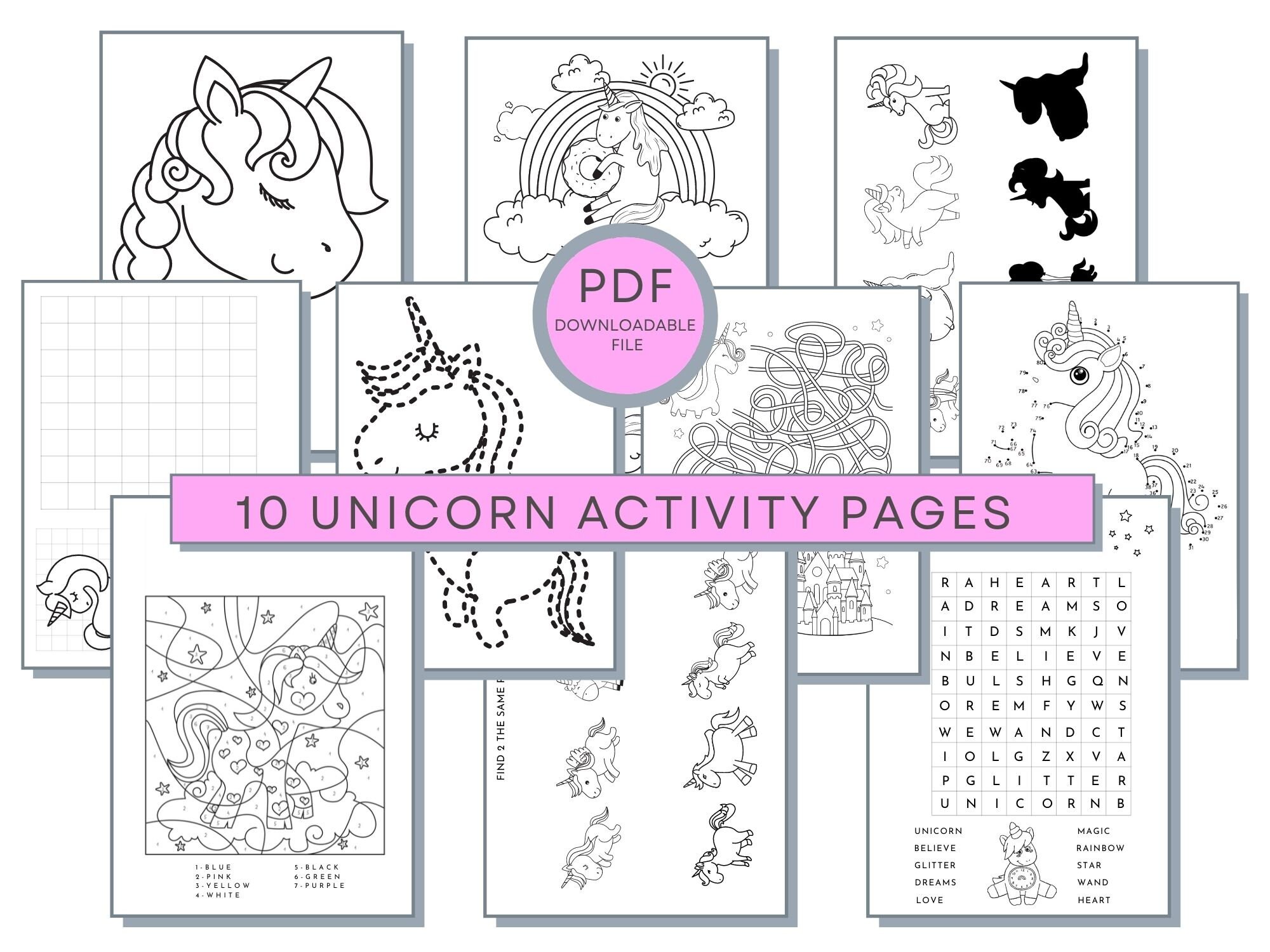 Unicorn Activity Pages, Unicorn Coloring, Mazes, Word Searches, Color ...