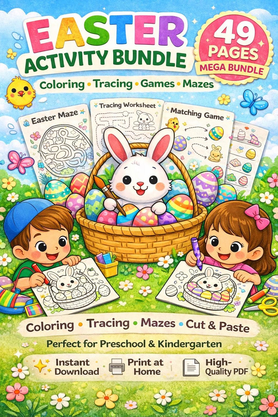 Easter Coloring Pages Bundle – Bunny Eggs– Preschool & Kindergarten Fun ...