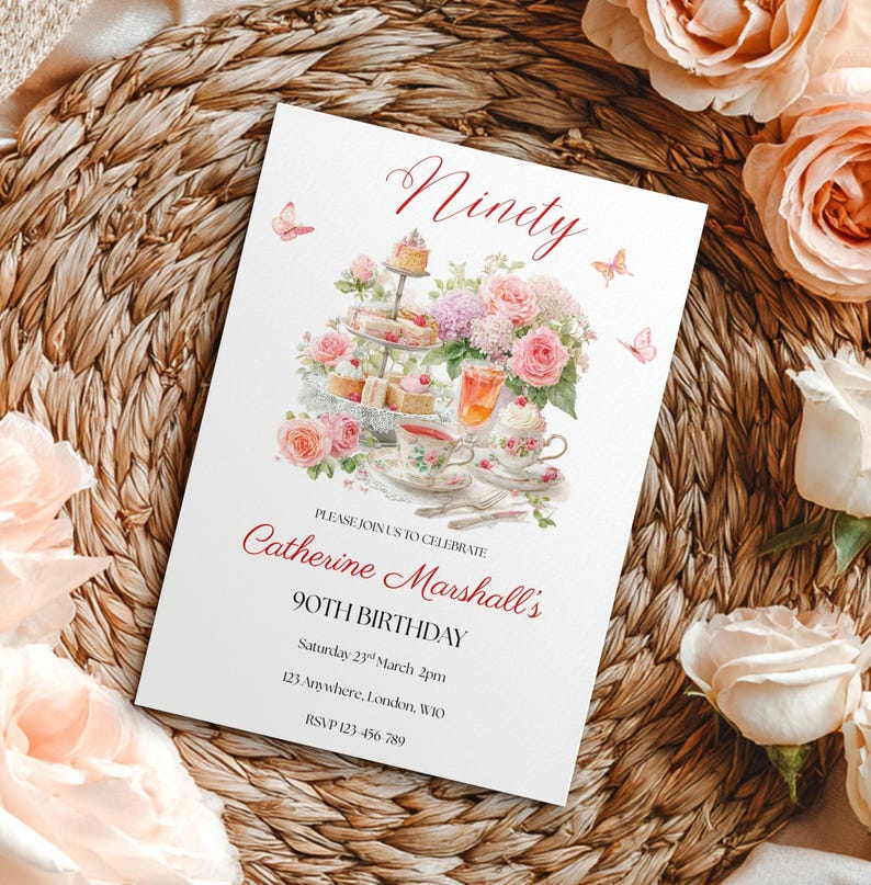 90th Birthday Invitation Template, Afternoon Tea Birthday Invite ...