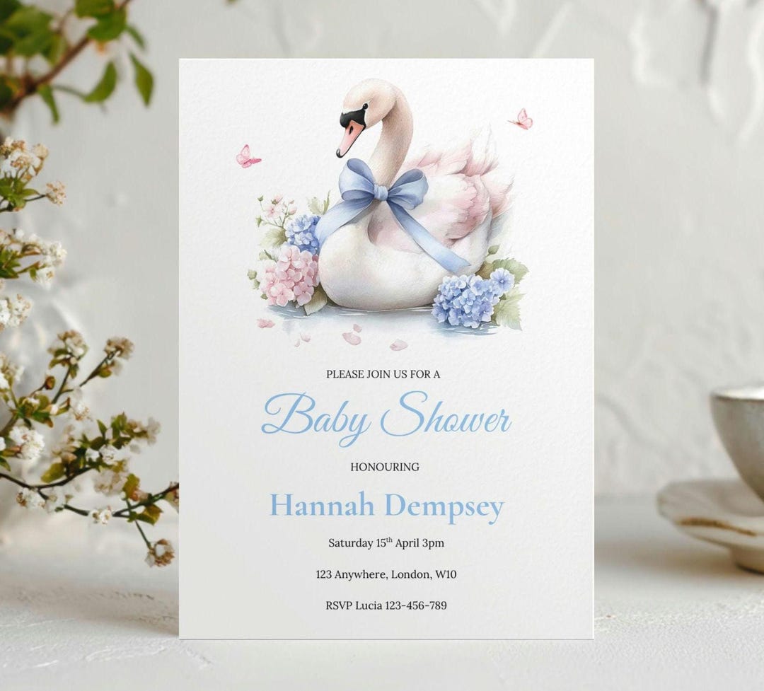 Swan Baby Shower Invitation Template, Editable Printable Invite , Pale ...