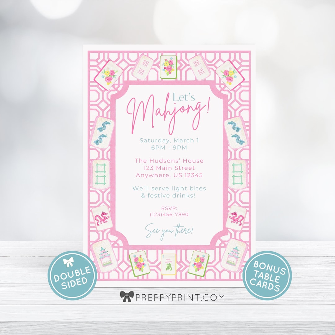 TEMPLATE | Watercolor Mahjong Party Invitation + Table Number | Pink ...