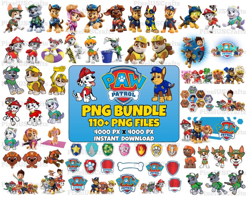 Paw Patrol Characters PNG Bundle, 110+ Cartoon Clipart Files, Kids ...