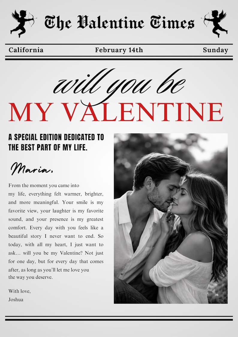 Editable Valentine Newspaper Card • Canva Template • Printable “will ...