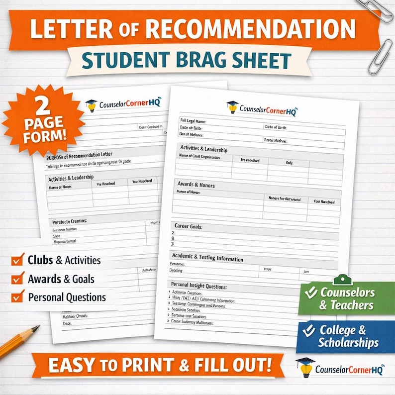 Letter of Recommendation Student Brag Sheet | Counselor & Teacher Form ...