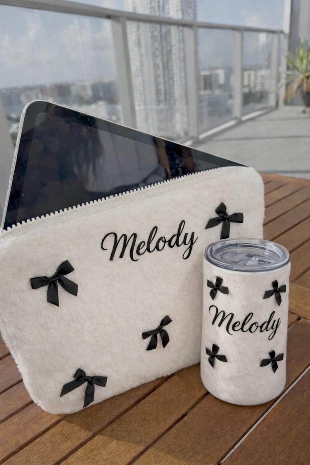 Personalized 12oz Tumbler & Tablet Sleeve Set for Her – Plush Bow ...
