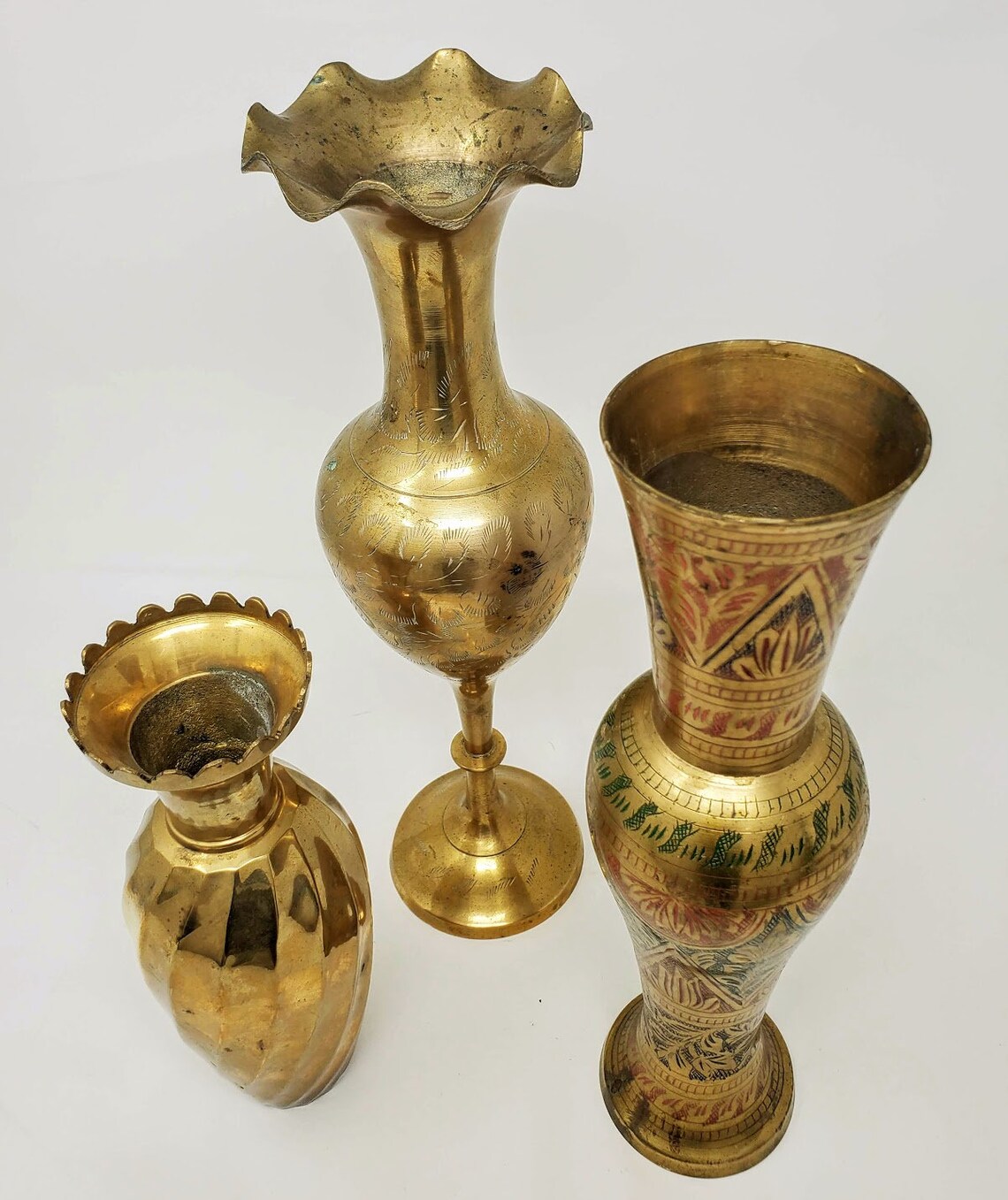 3 Large Brass Vintage Vases Graceful Curves Perfect Vintage Flea Market Decor Etched India Made ...