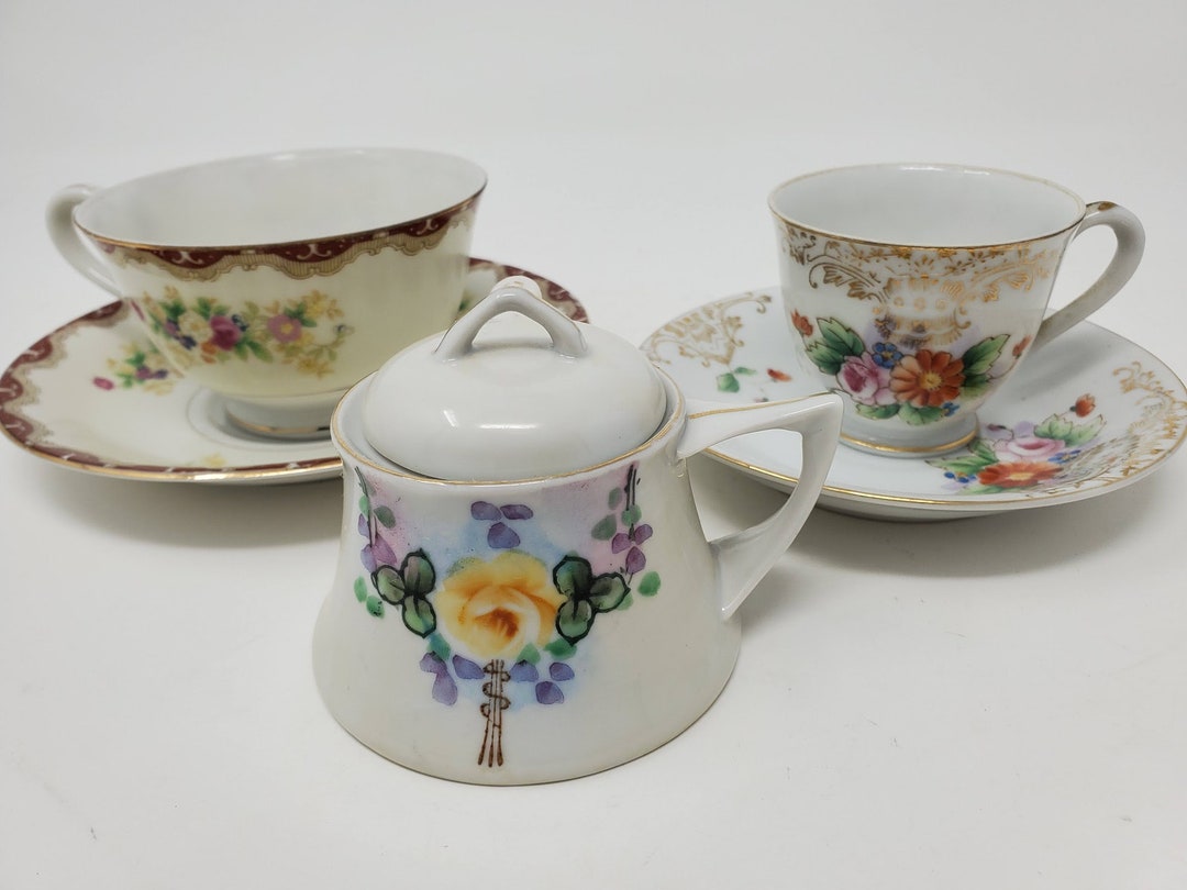 Vintage Cottage Chic Tea Set: Teacups, Saucer, Sugar Bowl - Etsy