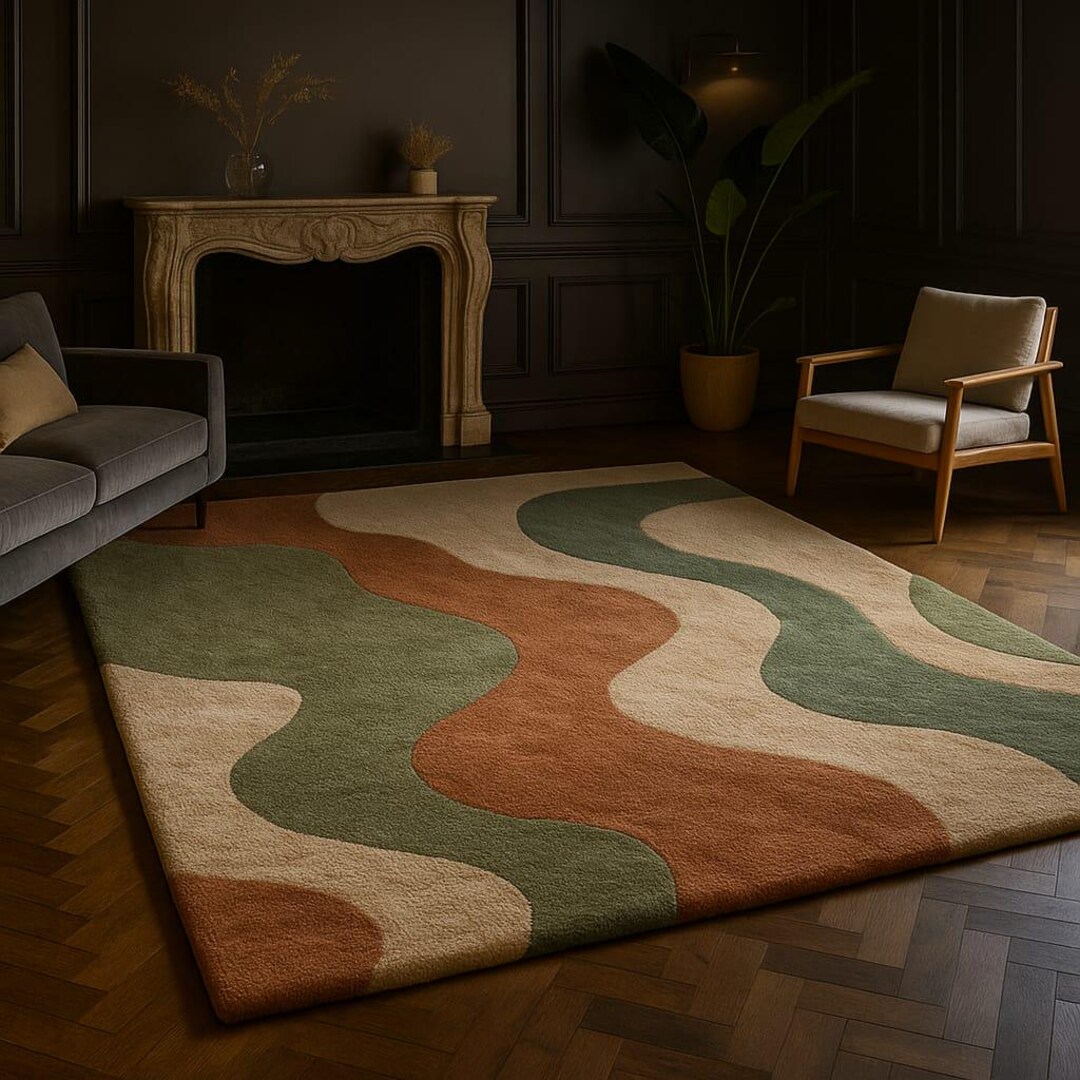Modern Abstract Wave Area Rug | Sage Green, Rust & Beige Contemporary ...