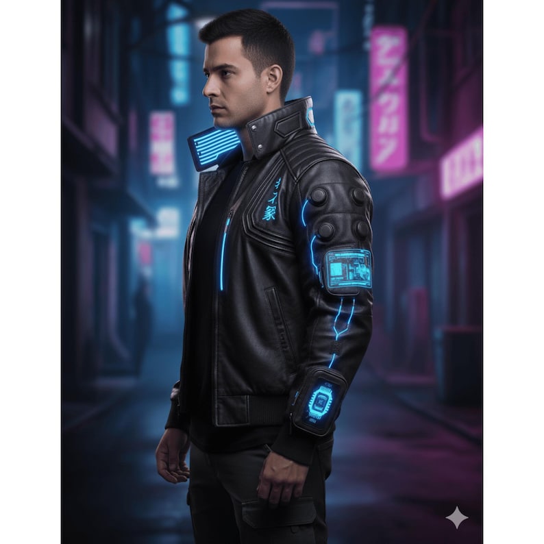 Men’s Cyberpunk Leather Jacket – Samurai Neon LED Style, Futuristic ...