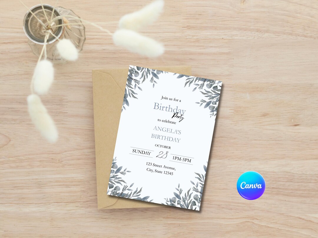 Printable Grey Blue Birthday Invitations, Surprise Party Digital Invite ...