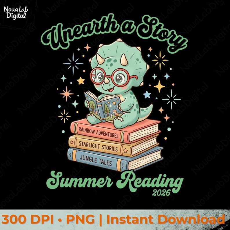 Unearth A Story Summer Reading 2026 PNG: Dinosaur Reading Clipart ...