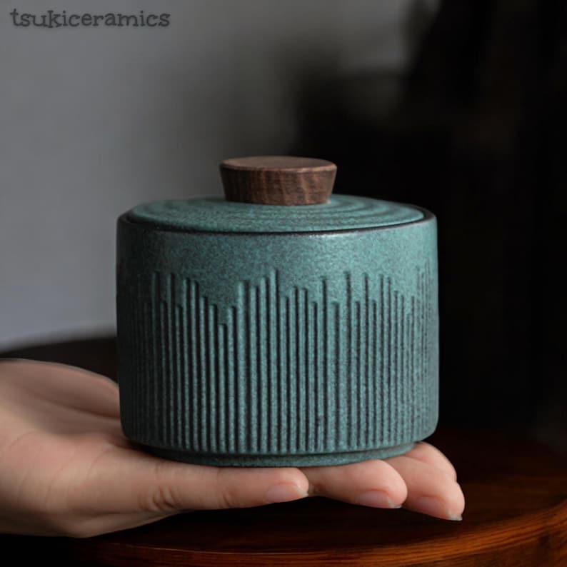 Japanese Ceramic Storage Jars With Wooden Lids, Textured Stoneware ...