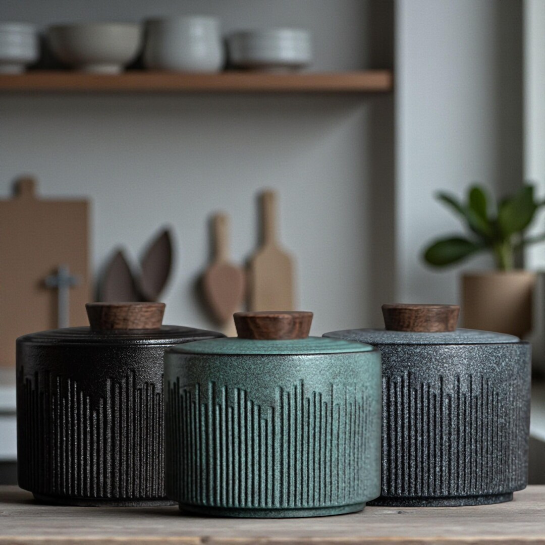 Japanese Ceramic Storage Jars With Wooden Lids, Textured Stoneware ...