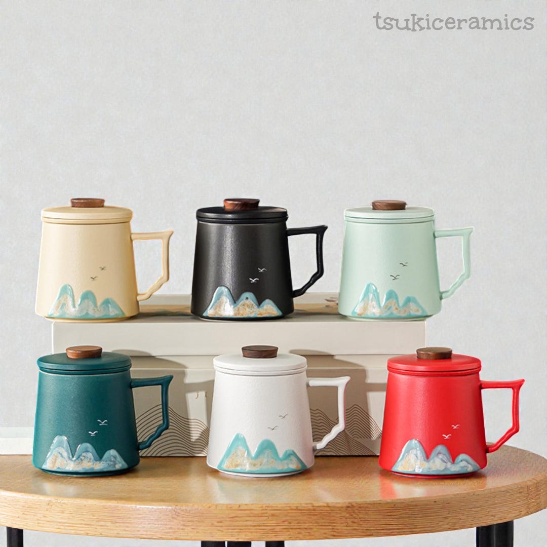 Handmade Japanese Ceramic Tea Mug With Infuser and Lid, Mountain Zen ...