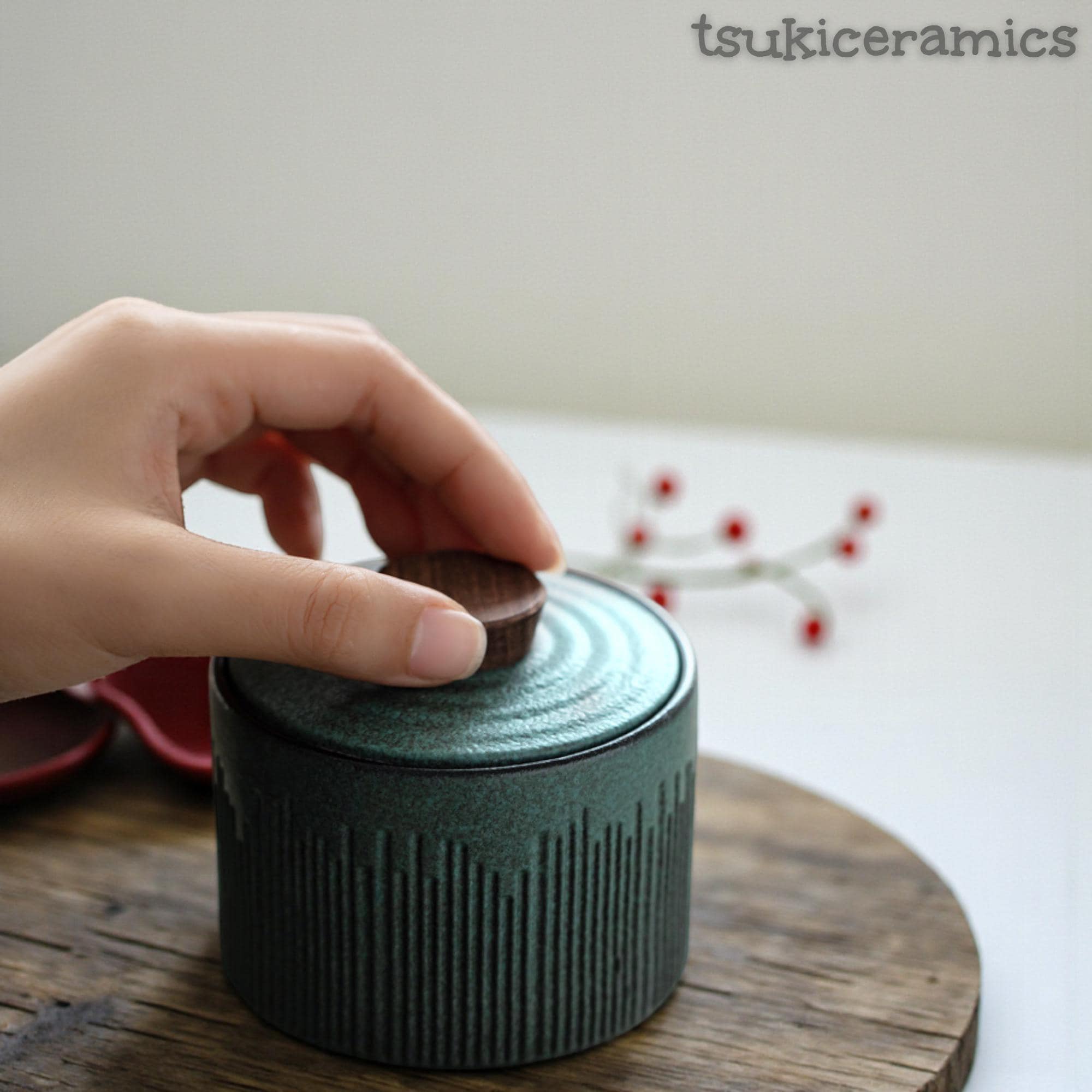 Japanese Ceramic Storage Jars With Wooden Lids, Textured Stoneware ...