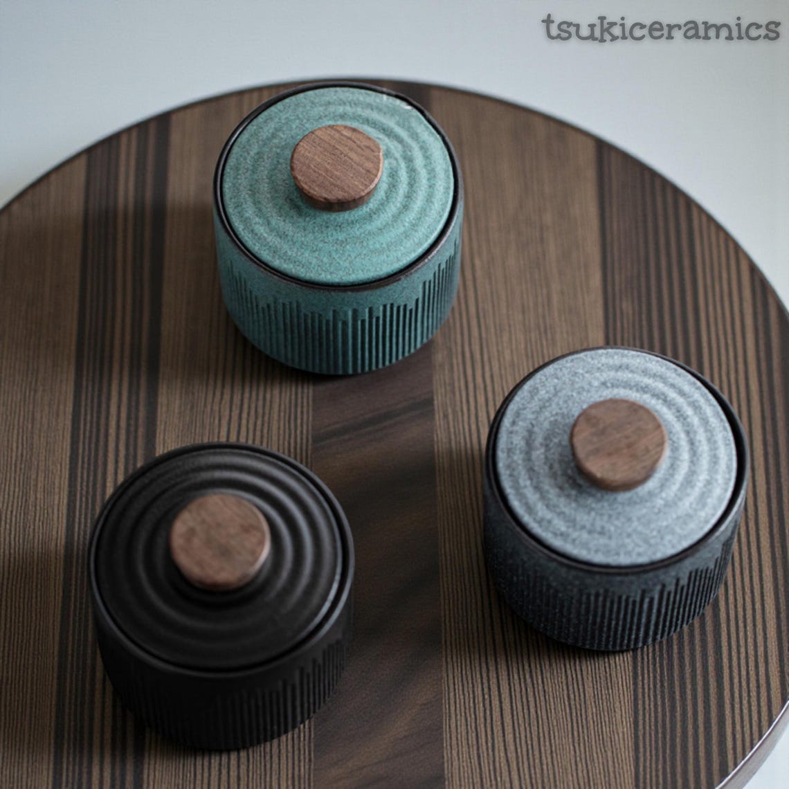 Japanese Ceramic Storage Jars With Wooden Lids, Textured Stoneware ...