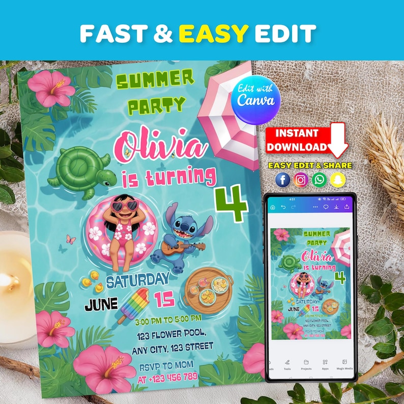Editable Lilo & Stitch Birthday Pool Party Invitation (digital Download ...
