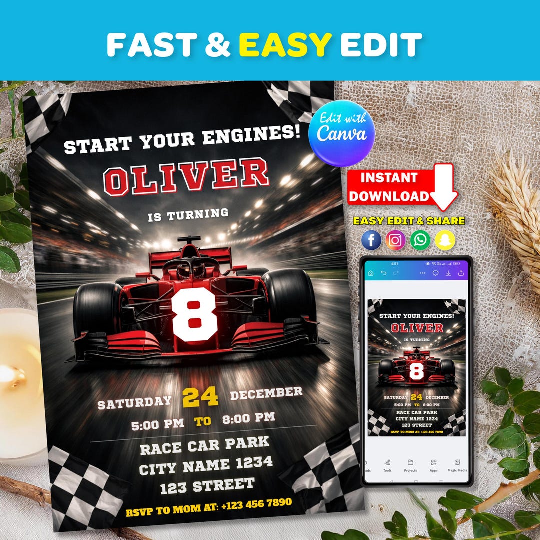 Formula One Birthday Invitation: Race Car Party, F1 Theme (digital ...