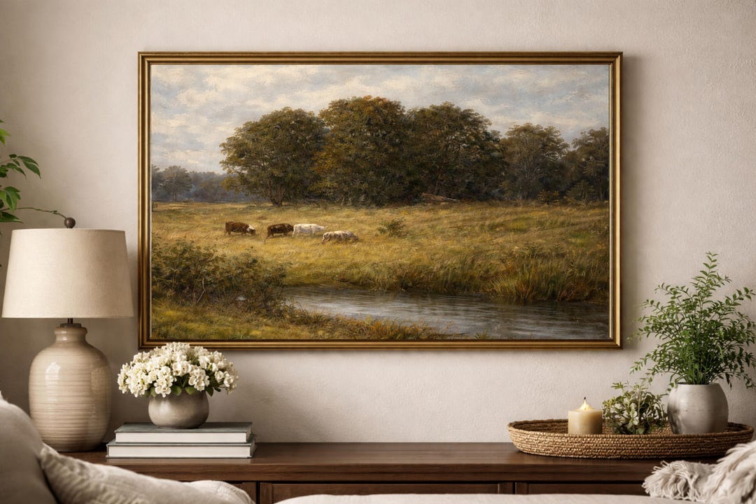 Watercolor Pasture Scene, Printable Vintage Farm Landscape Painting ...