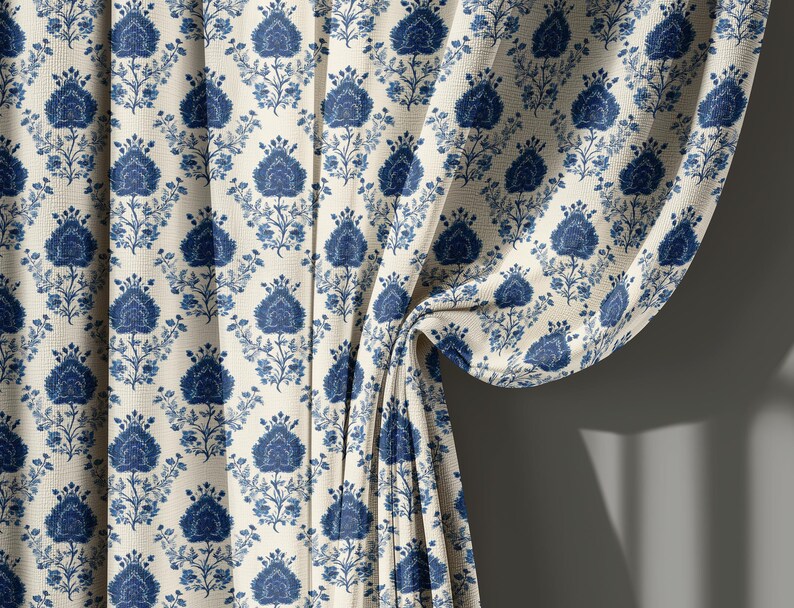 Indigo Blue Print Linen Curtain: Boho Cottagecore Window Drape, Custom ...