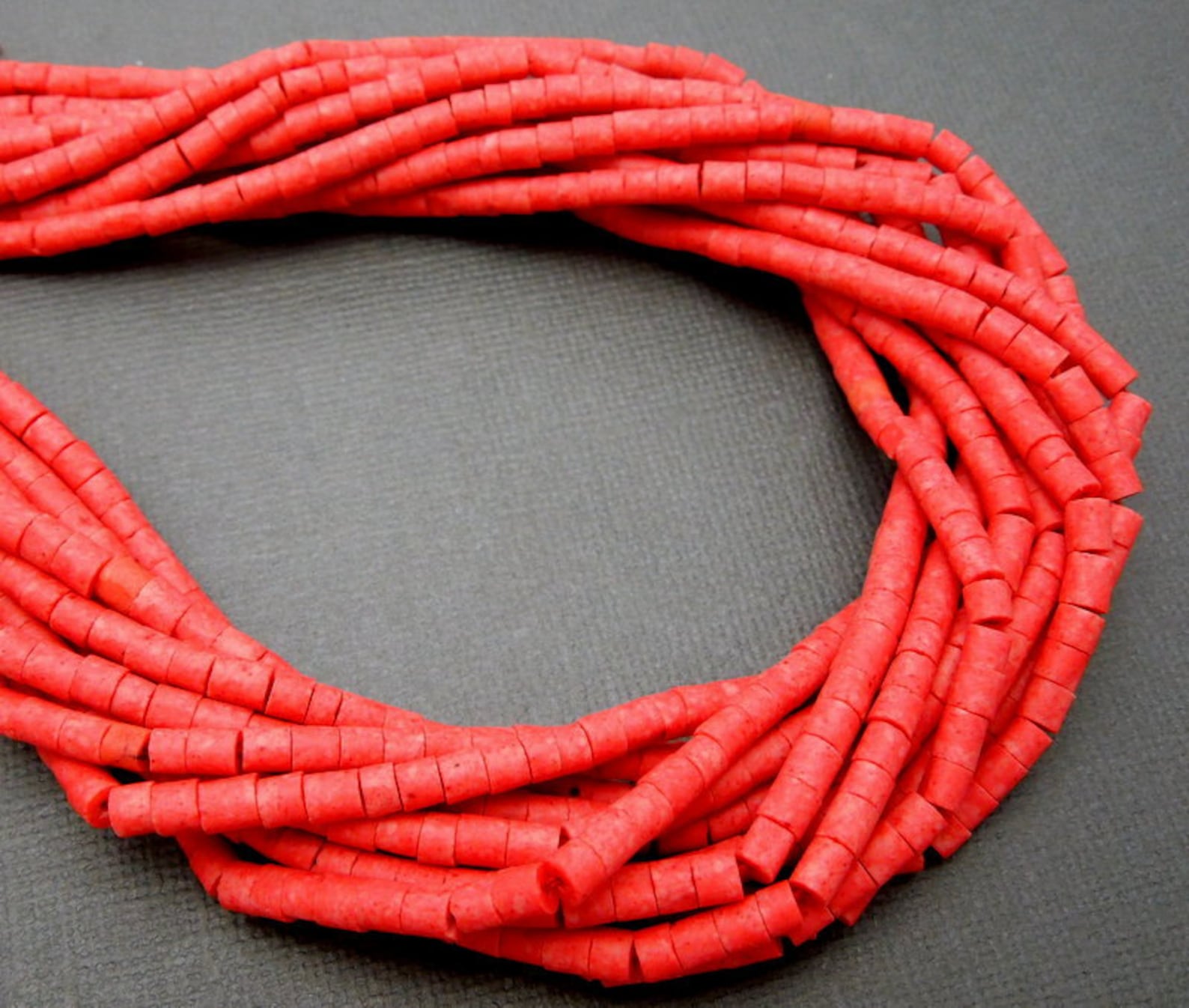 Coral Color Beads-- Dyed Coral 4mm X 3mm Tube Heishi Beads -- 1 STRAND ...