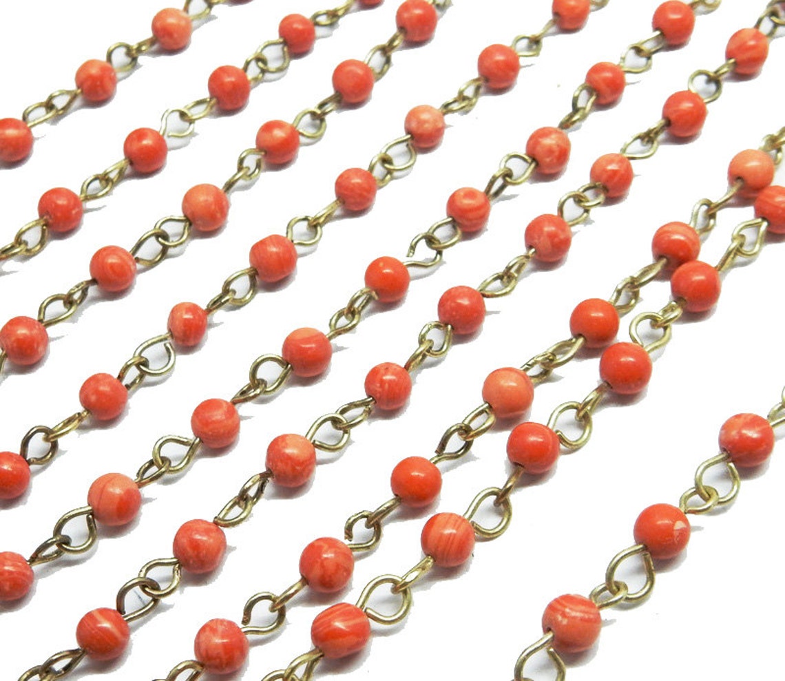 Red Coral Colored Round Chain Antique Gold Toned Wire - Etsy
