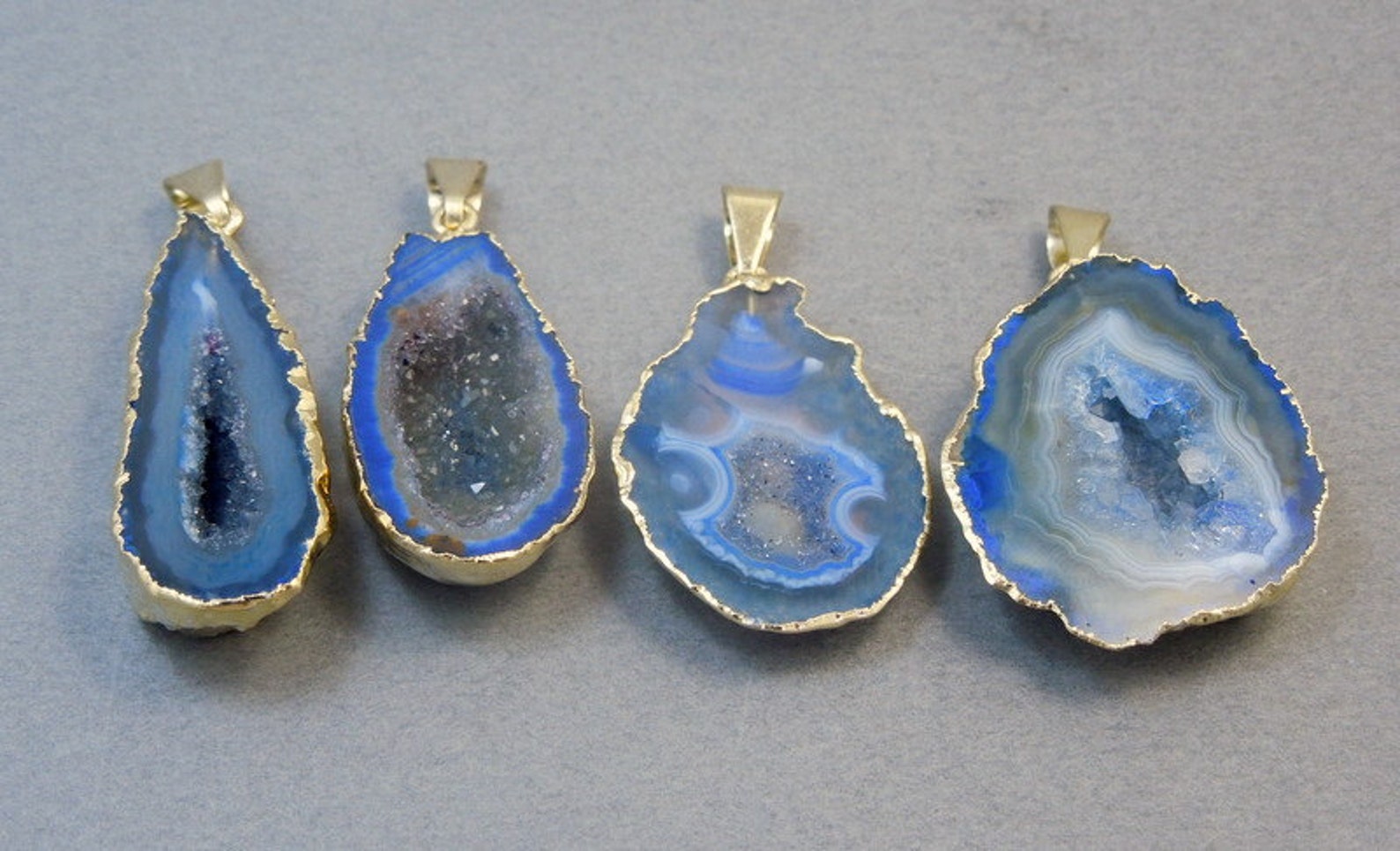 Light Blue Agate Druzy Geode Pendant With Electroplated 24k Gold Edges ...