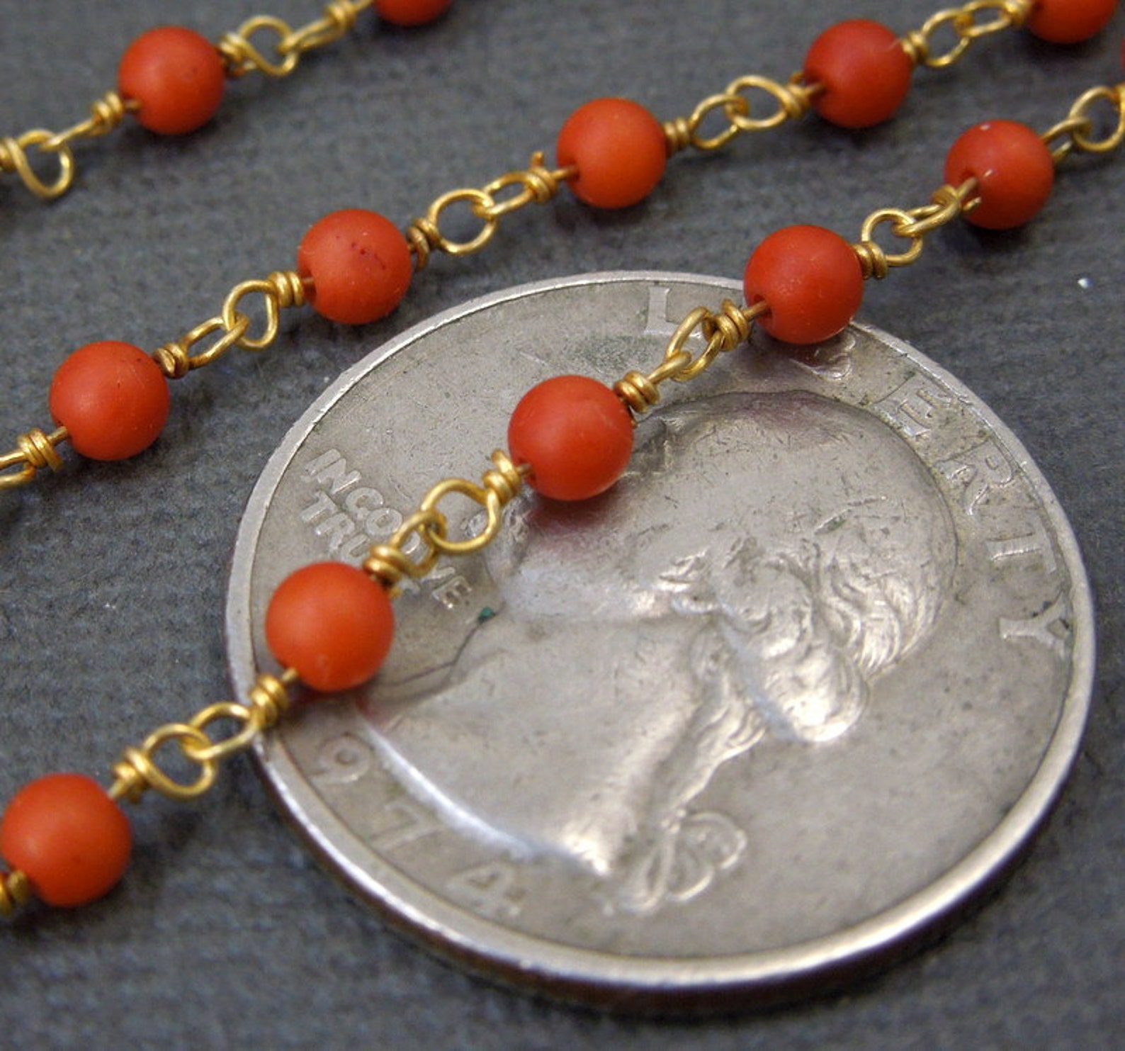 Red Coral Colored Beads on Gold Over Sterling Silver Wire Wrapped Chain ...