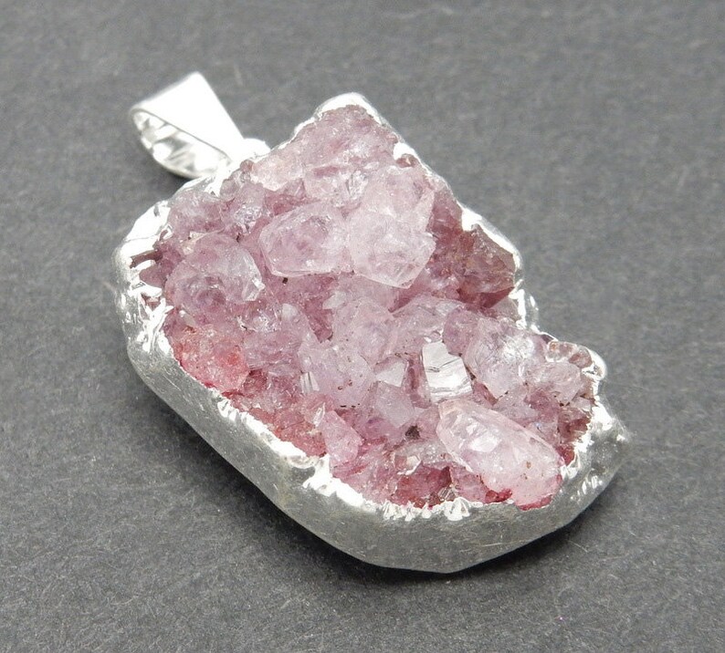 Pink Druzy Freeform Pink Druzy Pendant With Electroplated Silver Edge ...