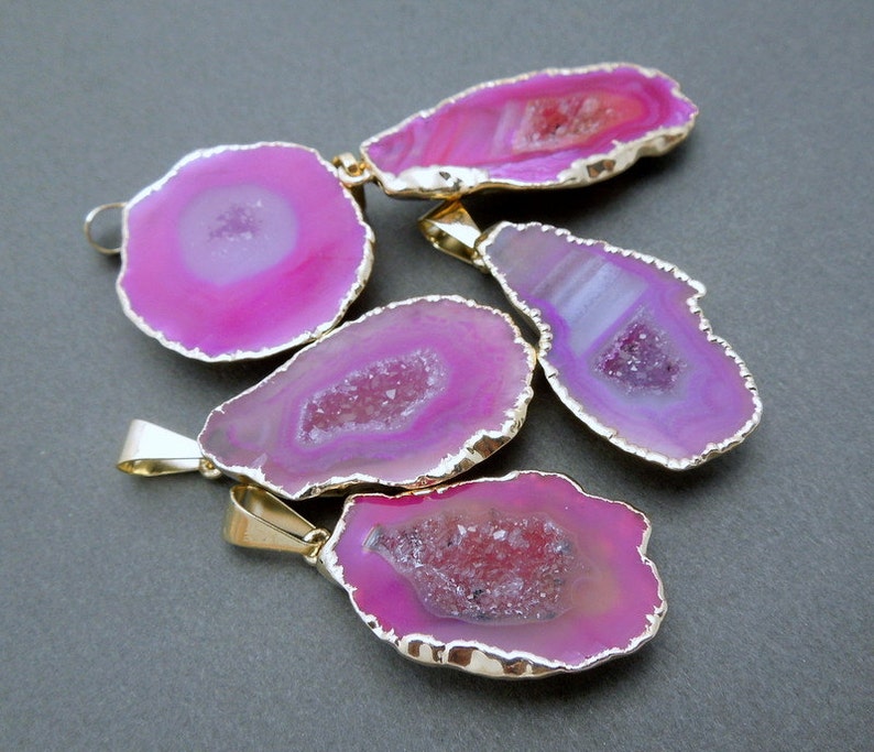 Petite Hot Pink Geode Half Druzy Crystal Pendant -- 24k Gold ...