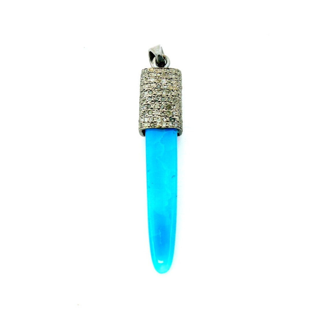 Gorgeous Pave Diamond Bright Blue Lace Agate Horn Spike Pendant With an ...