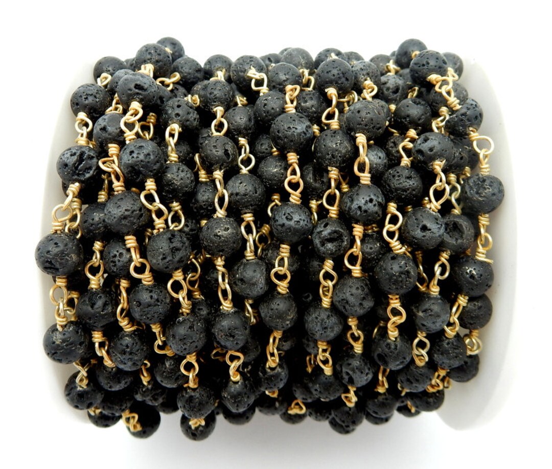 Round Lava Rock Rosary Beaded Chain Gold Plated Wire Wrapped Chain ...
