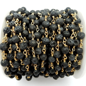 Round Lava Rock Rosary Beaded Chain Gold Plated Wire Wrapped Chain ...