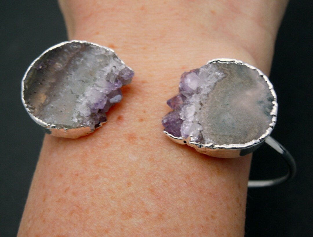 Amethsyt Slice Druzy Cuff Bracelet-- Double Amethsyt Silver Plated Adjustable Bangle (S37B15-07 ...
