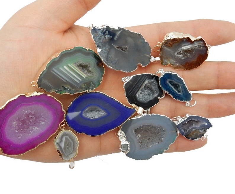 Druzy Agate Slice Double Bail Pendant Connector -blue Agate With ...
