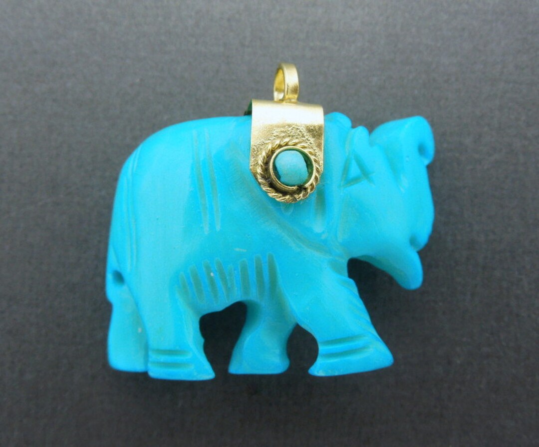 Turquoise Colored Elephant With Brass Cap and White Gemstone Accents ...