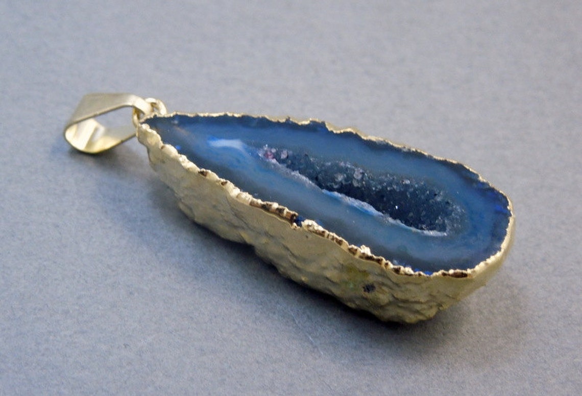 Light Blue Agate Druzy Geode Pendant With Electroplated 24k Gold Edges ...