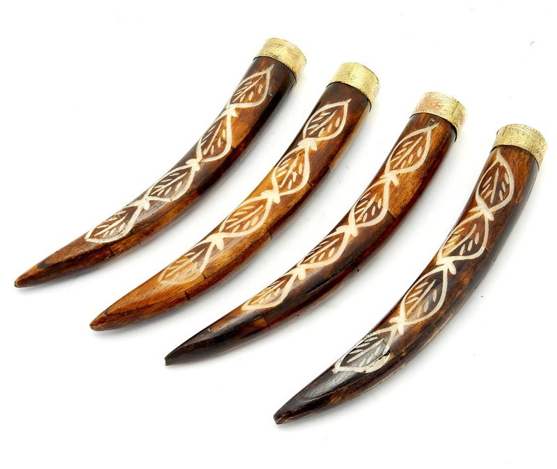 Large Brown Bone Horn Pendant With Leaf Engravings and Brass Cap (S58B2 ...