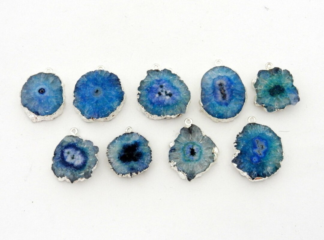 Blue Dyed Solar Quartz Rounded Pendant With Electroplated Silver Edge ...